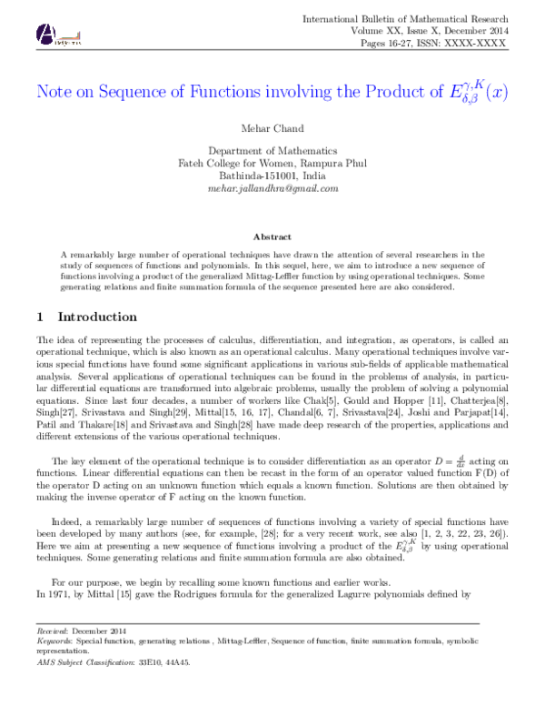 (PDF) Note on Sequence of Functions involving the Product of E γ,K δ,β (x)