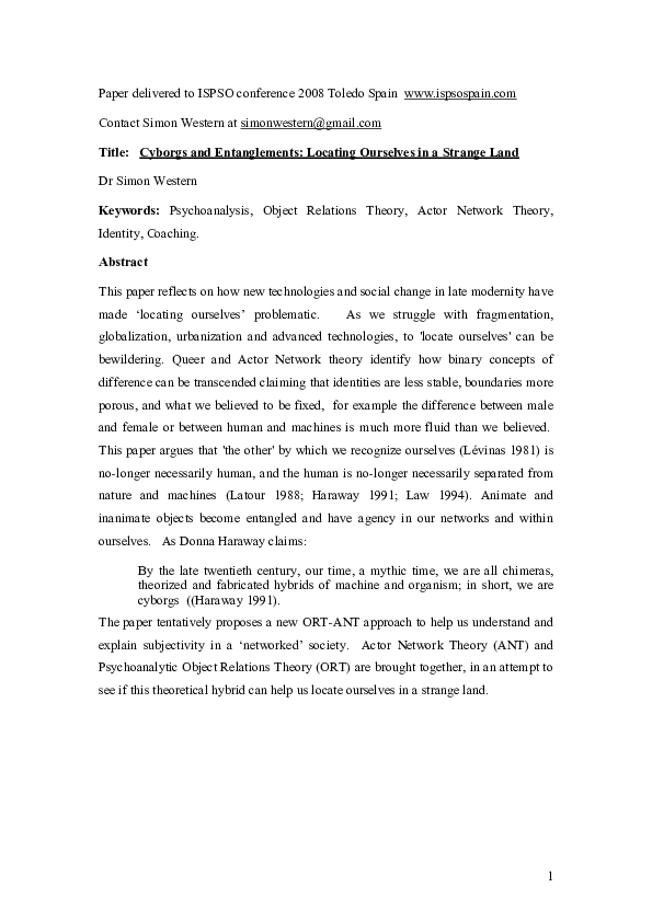 (PDF) Cyborgs and Entanglements: Locating Ourselves in a Strange Land