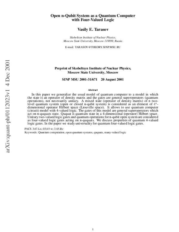 Pdf Open N Qubit System As A Quantum Computer With Four Valued Logic