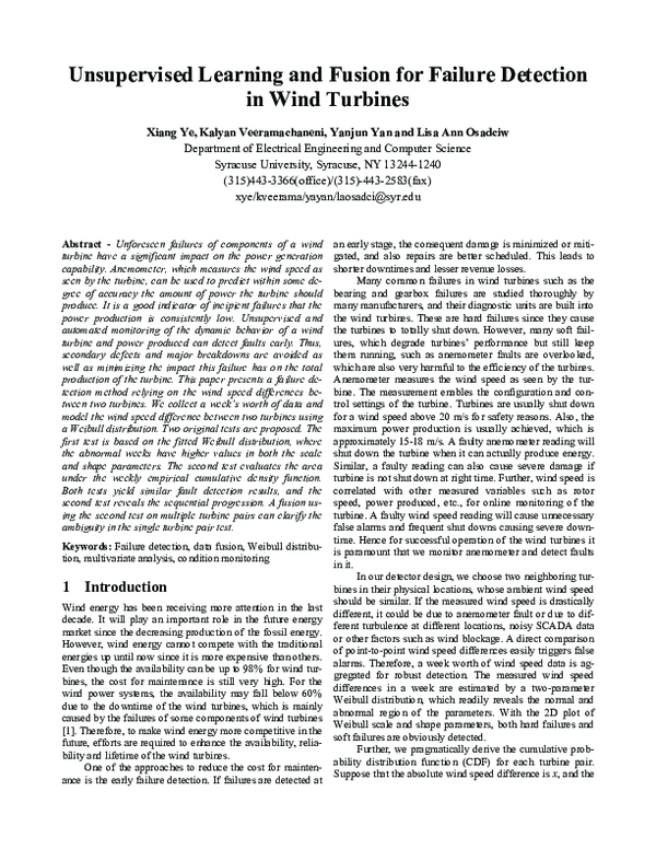 (PDF) Unsupervised learning and fusion for failure detection in wind turbines
