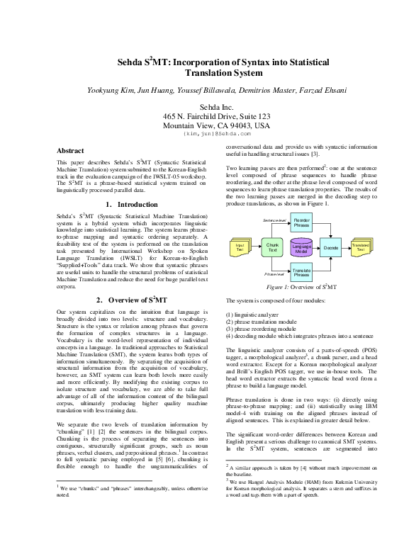 (PDF) Sehda S2MT: Incorporation of Syntax into Statistical Translation System