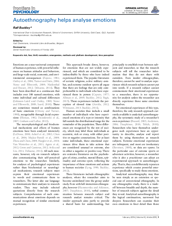 (PDF) Autoethnography helps analyse emotions