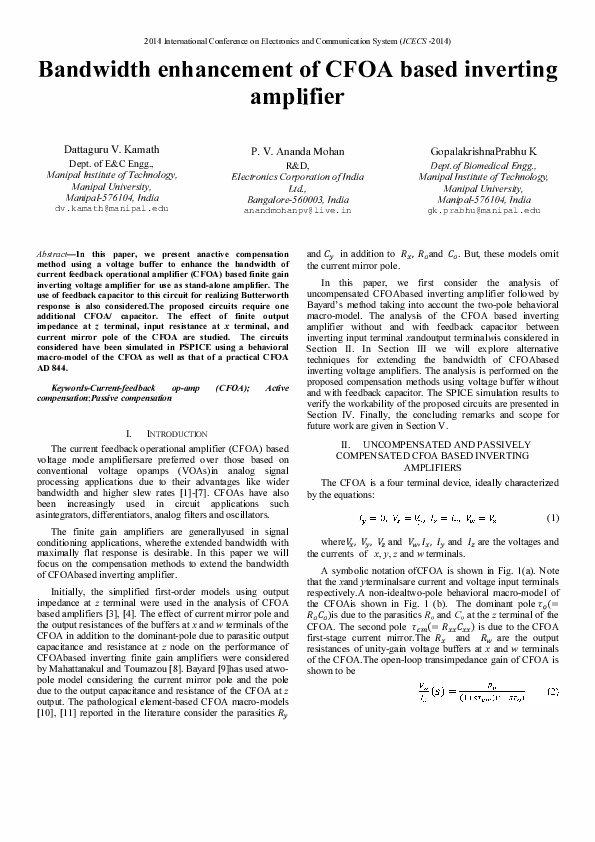 (PDF) Bandwidth enhancement of CFOA based inverting amplifier