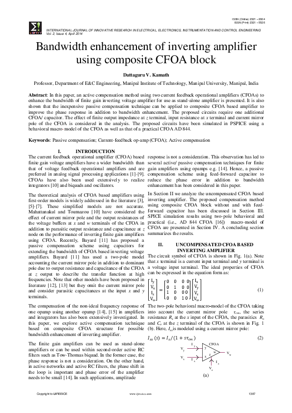 (PDF) Bandwidth enhancement of inverting amplifier using composite CFOA block
