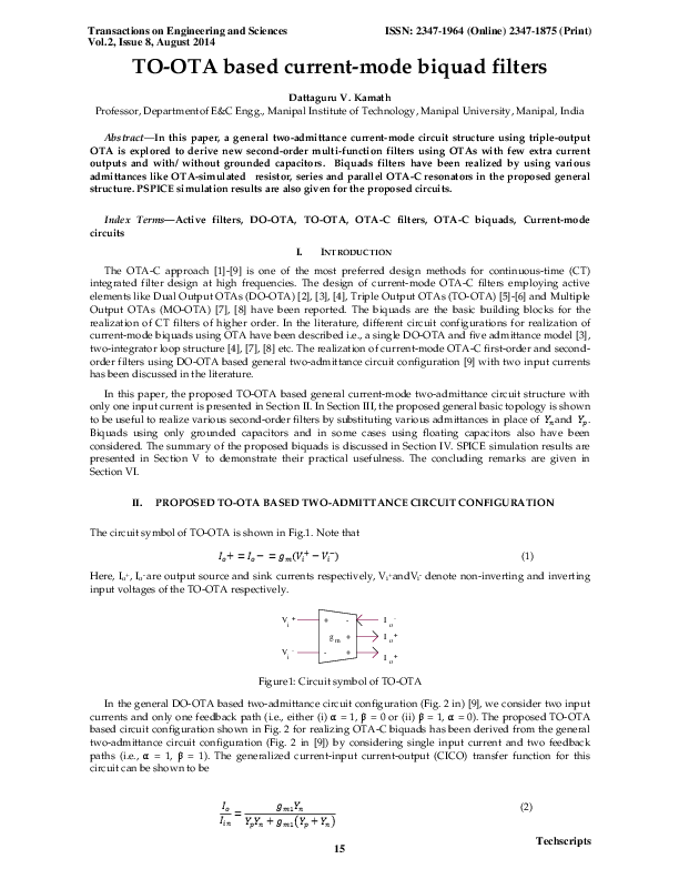 (PDF) TO-OTA based current-mode biquad filters