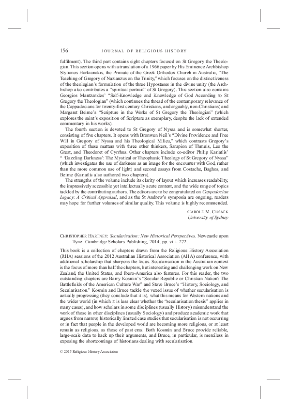 (PDF) Christopher Hartney (ed.), Secularisation: New Historical Studies