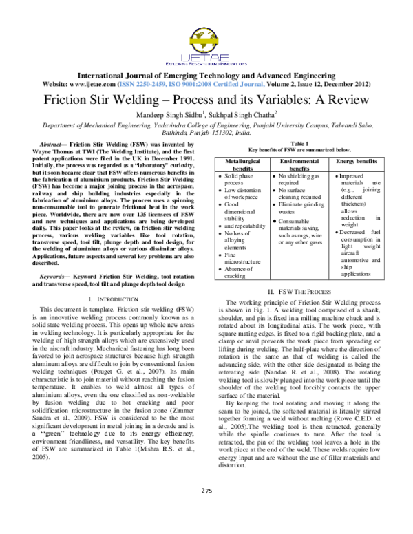 Pdf Friction Stir Welding Process And Its Variables A Review
