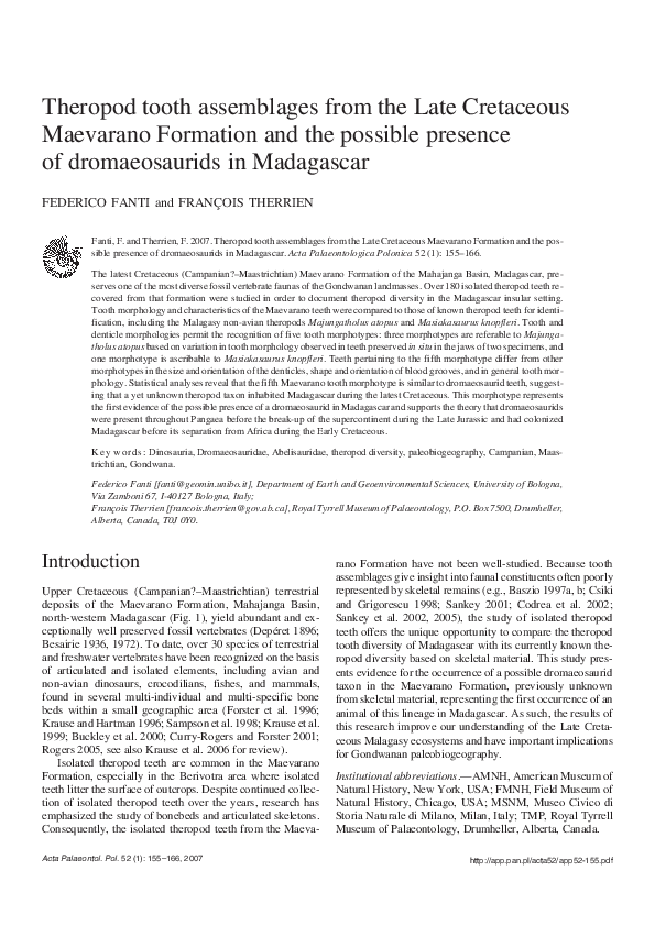 (PDF) Theropod tooth assemblages from the Late Cretaceous Maevarano ...