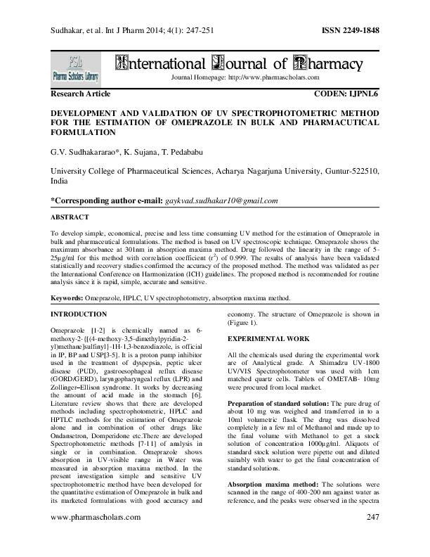 Pdf Development And Validation Of Uv Spectroscopic Method For The Estimation Of Omeprazole In