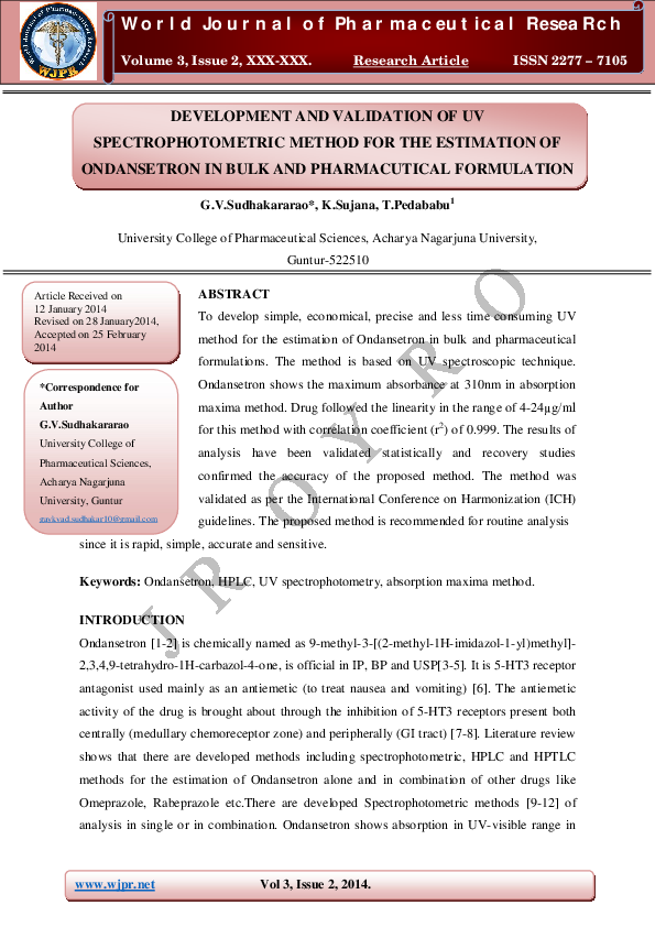 Pdf Development And Validation Of Uv Spectroscopic Method For The Estimation Of Ondansetron In
