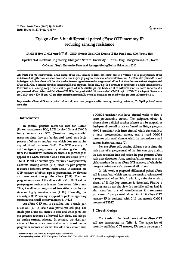 Pdf Design Of An 8 Bit Differential Paired Efuse Otp Memory Ip Reducing Sensing Resistance