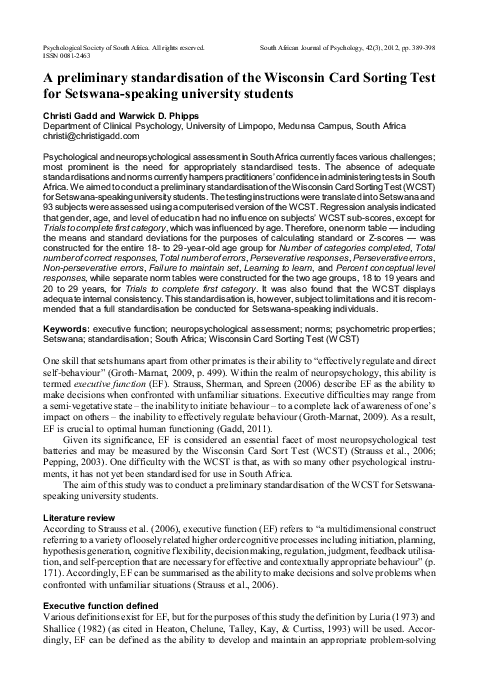 (PDF) A preliminary standardisation of the Wisconsin Card Sorting Test ...