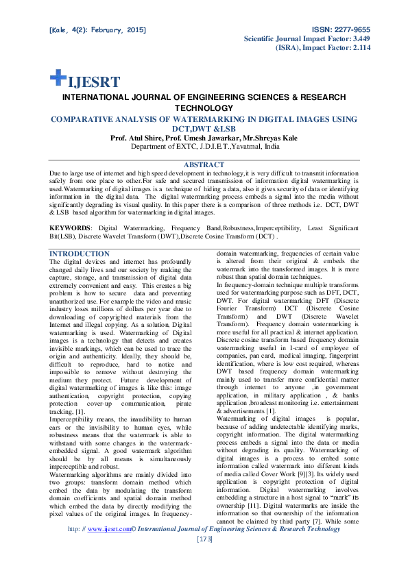 Pdf Comparative Analysis Of Watermarking In Digital Images Using Dctdwt Andlsb