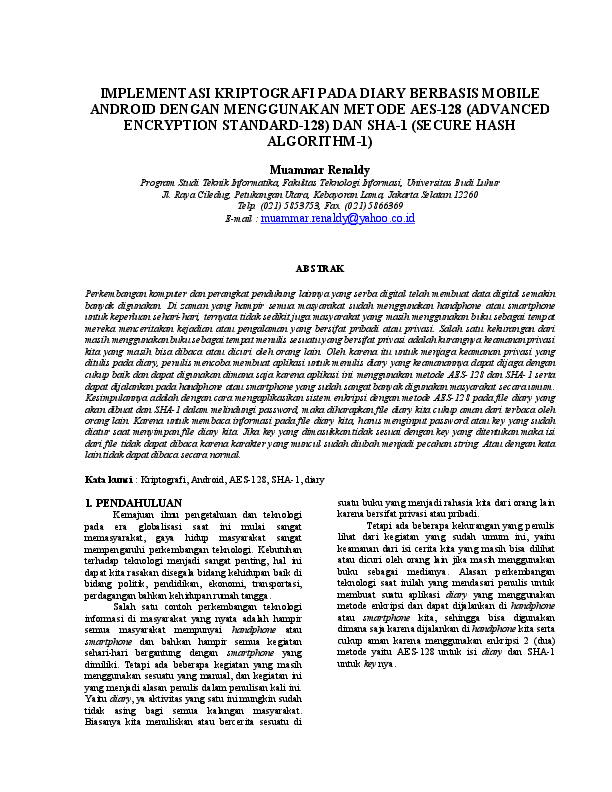 Pdf Makalah Ilmiah Implementasi Kriptografi Pada Diary Berbasis Mobile Android Dengan