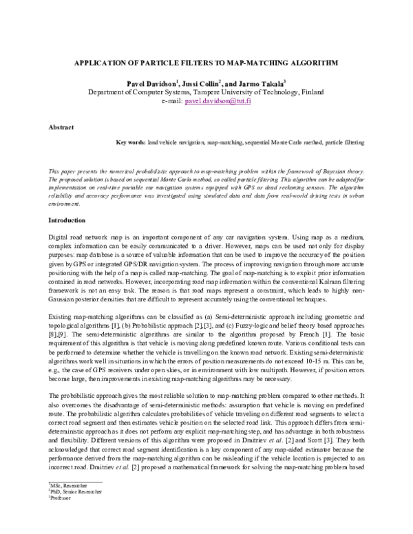 Pdf Application Of Particle Filters To Map Matching Algorithm 1655