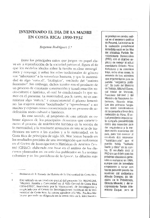 Pdf Inventando El Día De La Madre En Costa Rica 1890 1932