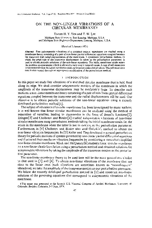 (PDF) ON THE NON-LINEAR VIBRATIONS OF A CIRCULAR MEMBRANE (PDF) ON THE NON-LINEAR VIBRATIONS OF A CIRCULAR MEMBRANE