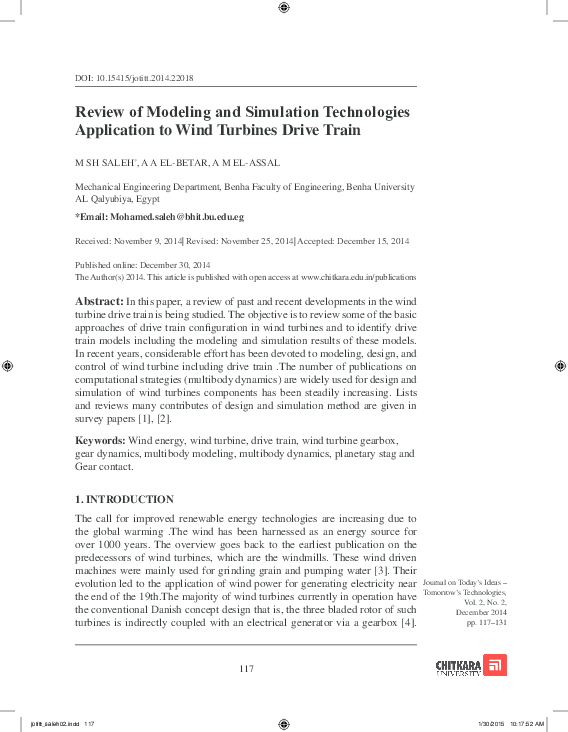 (PDF) Review of Modeling and Simulation Technologies Application to Wind Turbines Drive Train