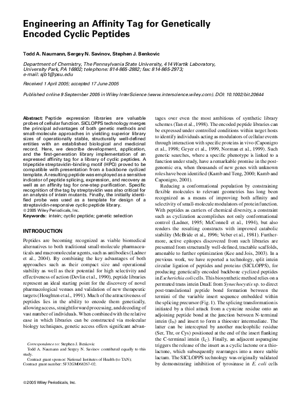 (PDF) Engineering an Affinity Tag for Genetically Encoded Cyclic Peptides