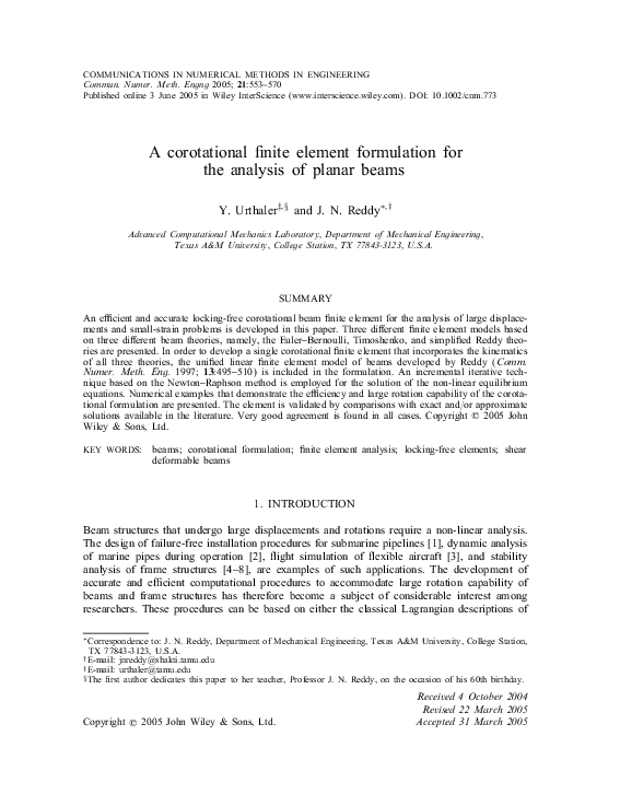 (PDF) A corotational ÿnite element formulation for the analysis of planar beams | Sea rain ...