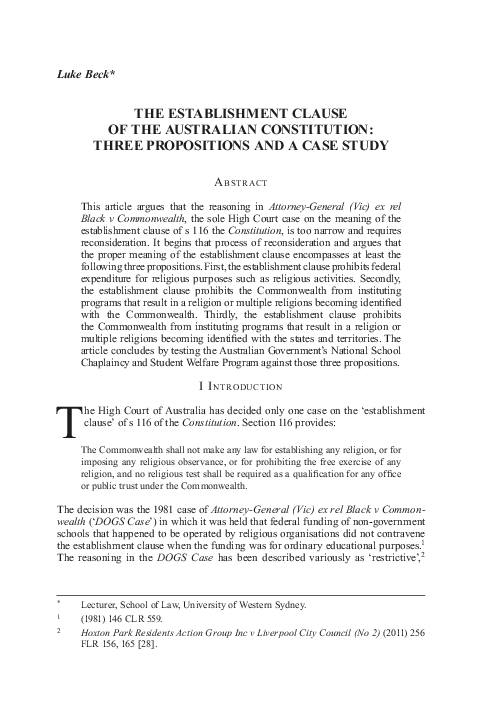 (PDF) The Establishment Clause of the Australian Constitution: Three ...
