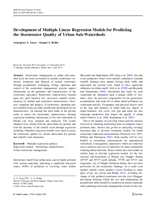 Development Of Multiple Linear Regression Models For Predicting The Stormwater Quality Of Urban