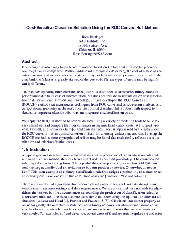 Pdf Cost Sensitive Classifier Selection Using The Roc Convex Hull Method