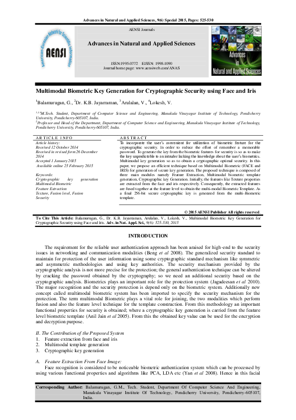 (PDF) Multimodal Biometric Key Generation for Cryptographic Security using Face and Iris