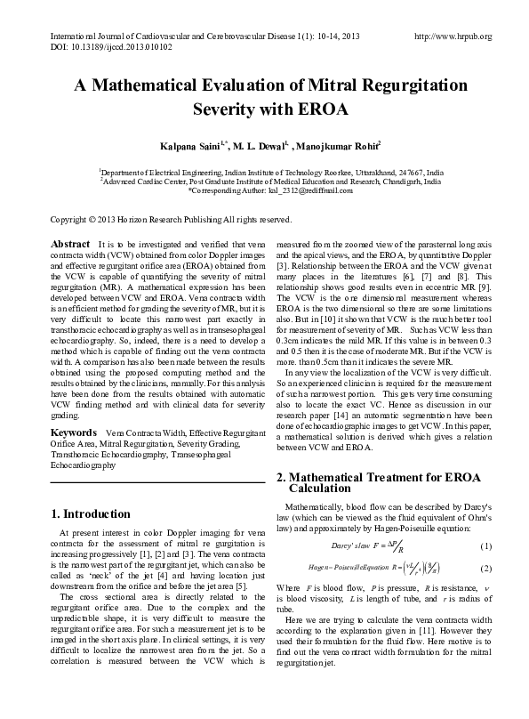 (PDF) A Mathematical Evaluation of Mitral Regurgitation Severity with EROA