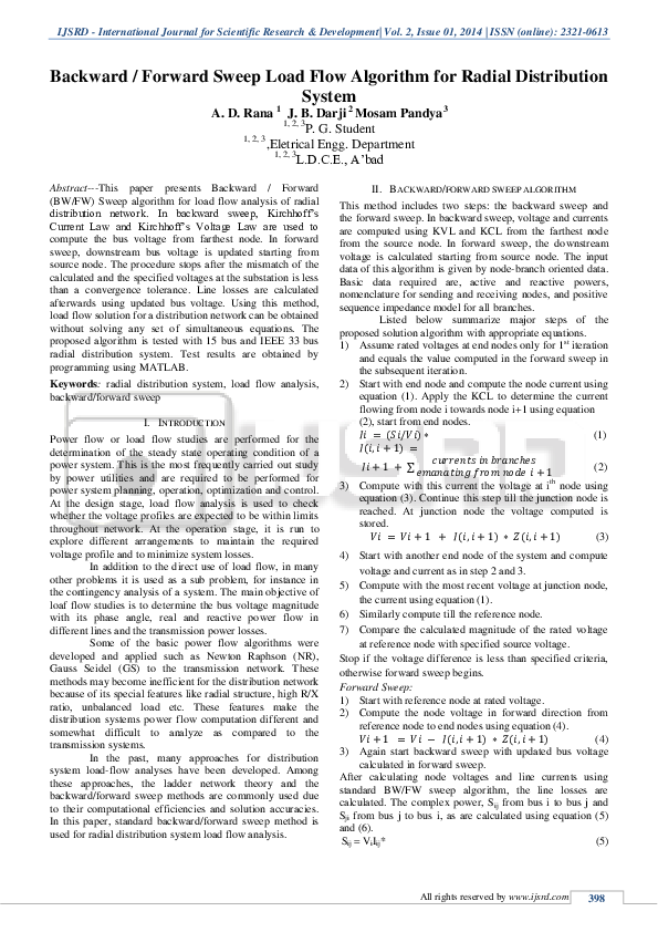 Pdf Backward Forward Sweep Load Flow Algorithm For Radial Distribution System