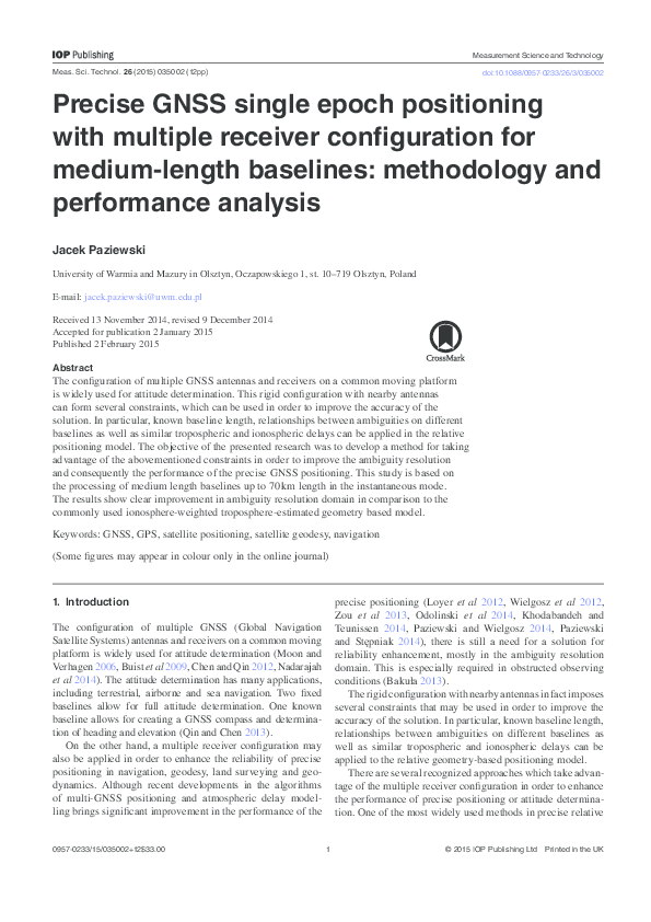 (PDF) Precise GNSS single epoch positioning with multiple receiver configuration for medium ...