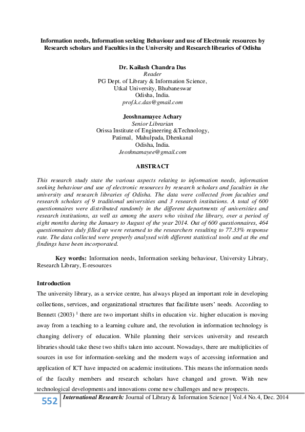 (PDF) Information needs, Information seeking Behaviour and use of ...