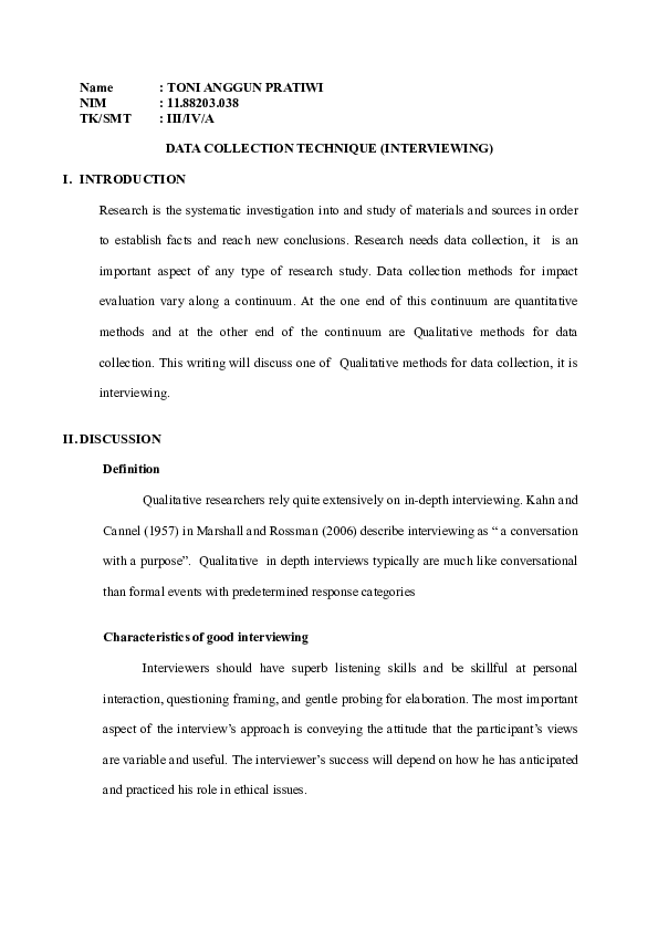 DATA COLLECTION TECHNIQUE (INTERVIEWING