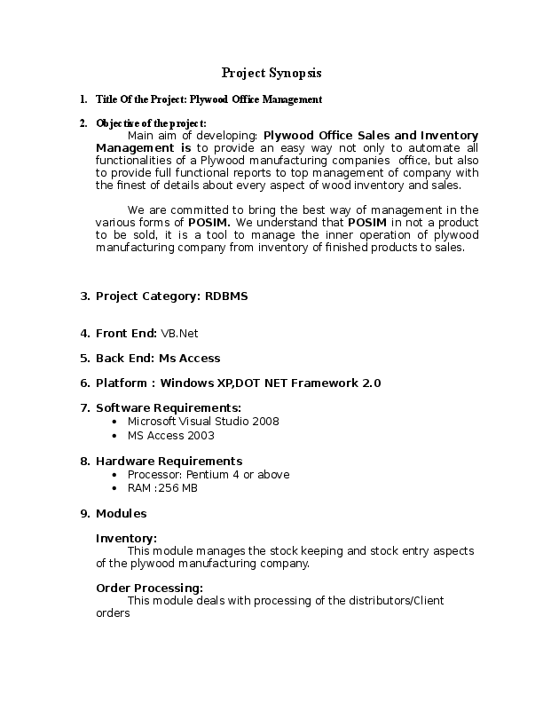 (DOC) Project Synopsis 1. Title Of the Project: Plywood Office Management