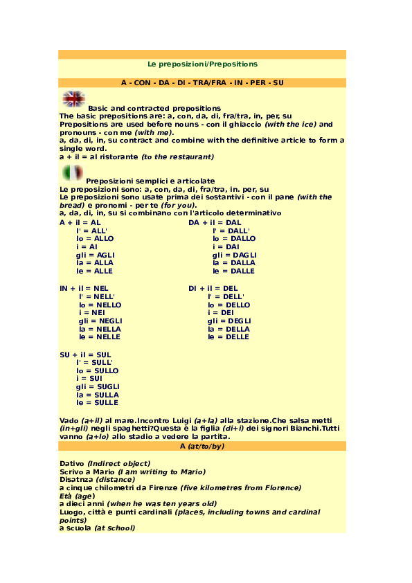 (DOC) Le preposizioni/Prepositions A -CON -DA -DI -TRA/FRA -IN -PER -SU