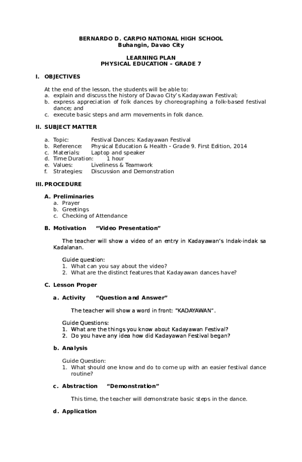 (DOC) Physical Education Learning Plan - Grade 7 (Day 3)