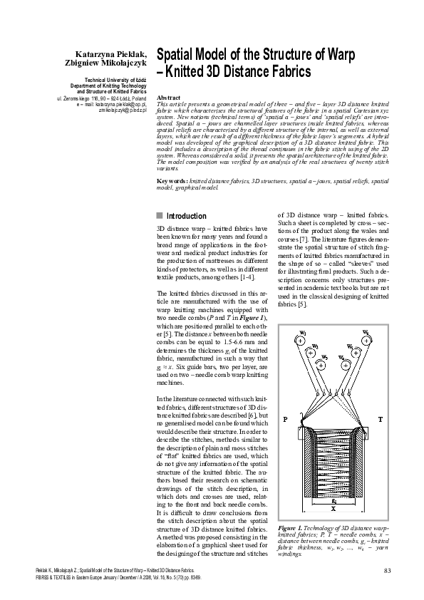 Spatial Model of the Structure of Warp – Knitted 3D Distance Fabrics