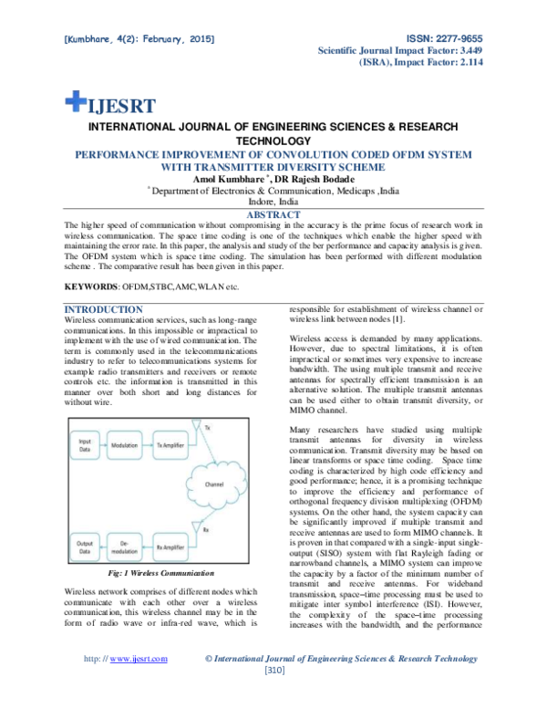 Pdf Performance Improvement Of Convolution Coded Ofdm System With Transmitter Diversity Scheme