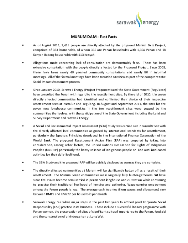 (PDF) fast fact about Murum Dam by Sarawak energy