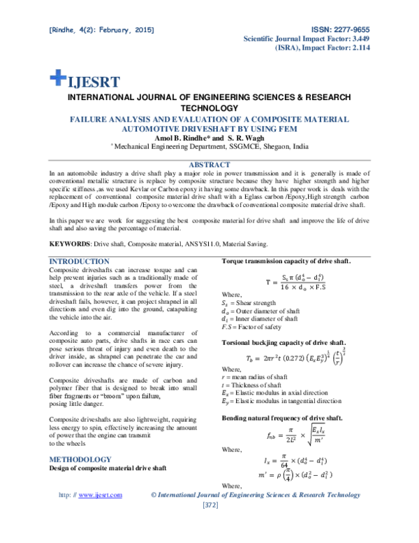 (PDF) FAILURE ANALYSIS AND EVALUATION OF A COMPOSITE MATERIAL AUTOMOTIVE DRIVESHAFT BY USING FEM