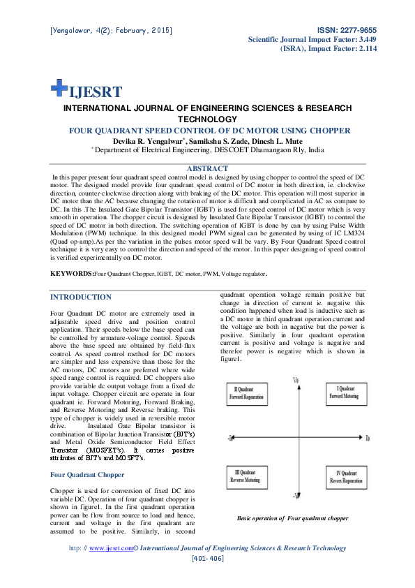 Pdf Four Quadrant Speed Control Of Dc Motor Using Chopper