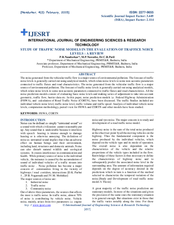 (PDF) STUDY OF TRAFFIC NOISE MODELS IN THE EVALUATION OF TRAFFICE NOICE ...