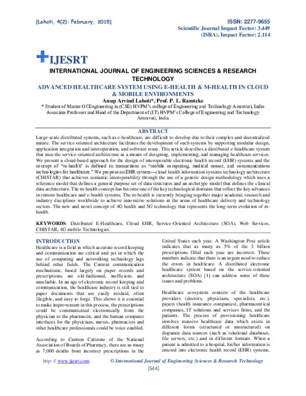 (PDF) ADVANCED HEALTHCARE SYSTEM USING E-HEALTH & M-HEALTH IN CLOUD & MOBILE ENVIRONMENTS