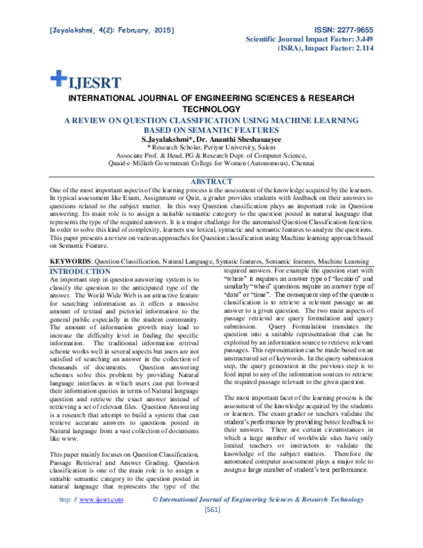 Pdf A Review On Question Classification Using Machine Learning Based On Semantic Features