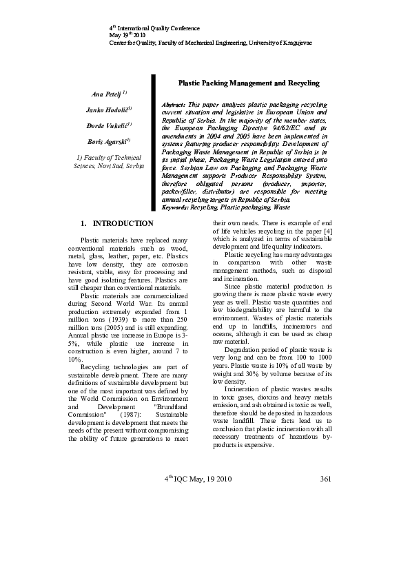 (PDF) Plastic Packing Management and Recycling