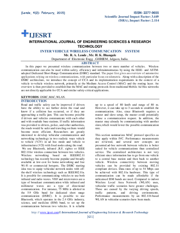 Pdf Inter Vehicle Wireless Communication System