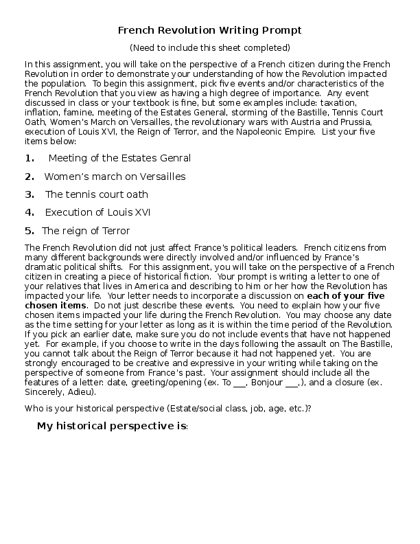 (DOC) French Revolution Writing Prompt