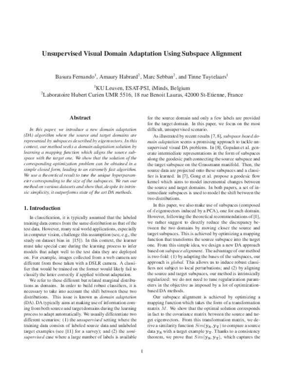 Pdf Unsupervised Visual Domain Adaptation Using Subspace Alignment