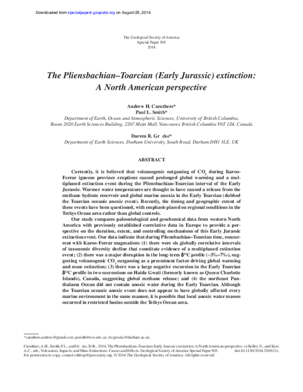 (PDF) The Pliensbachian–Toarcian (Early Jurassic) extinction: A North ...