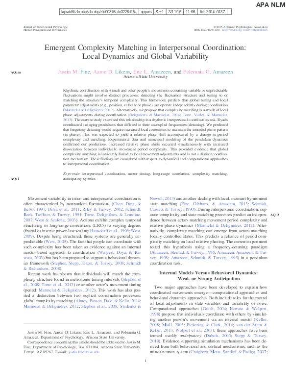 (PDF) Emergent Complexity Matching in Interpersonal Coordination: Local Dynamics and Global ...
